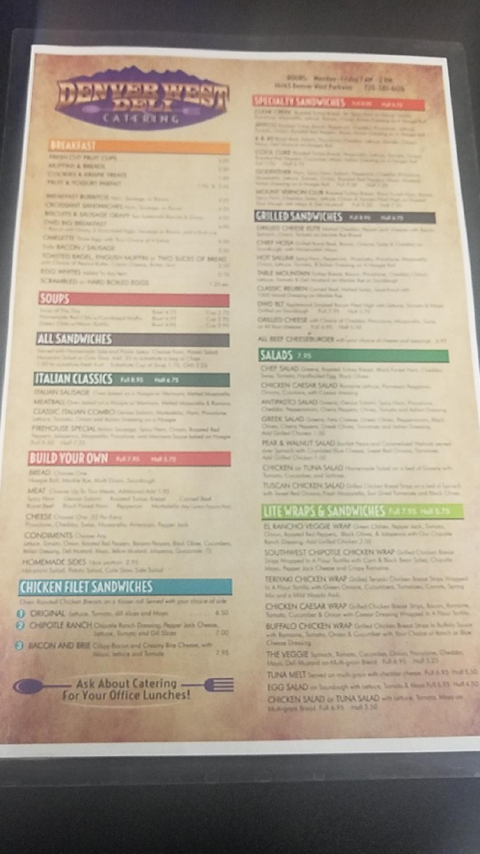 Menu at Denver West Deli restaurant, Lakewood