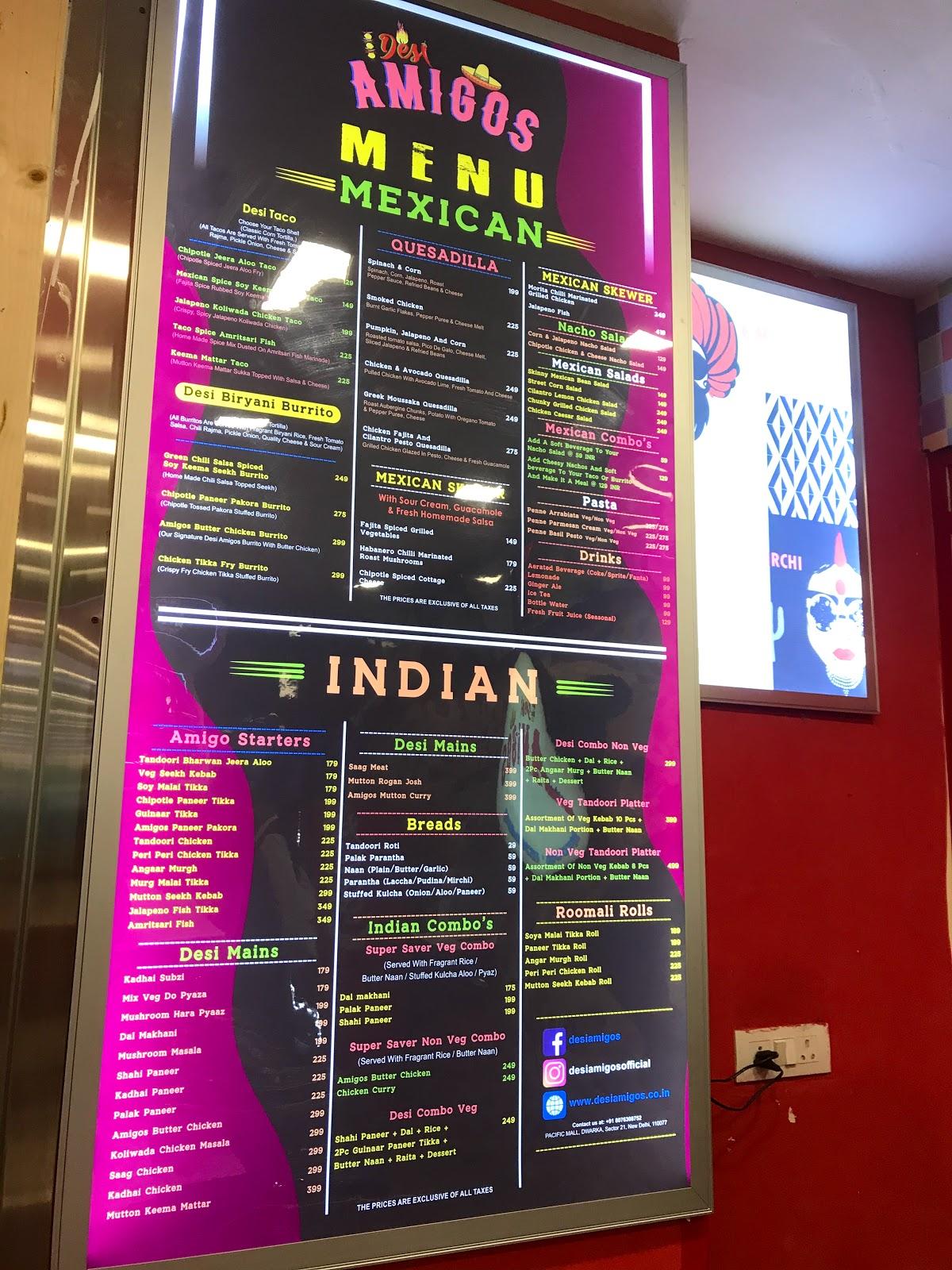 Menu at Desi Amigos, New Delhi
