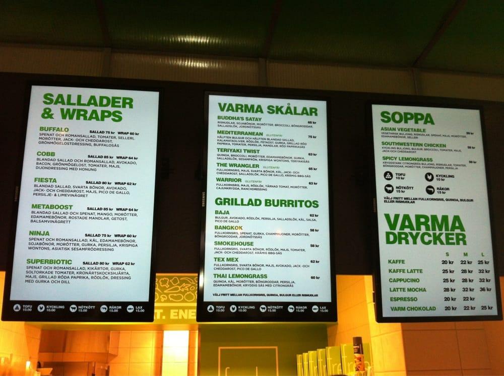 Menu at Freshii fast food, Stockholm, Grev Turegatan 1