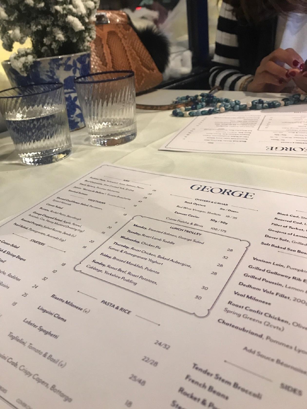 Menu at George club, London, 88-89 Mount St