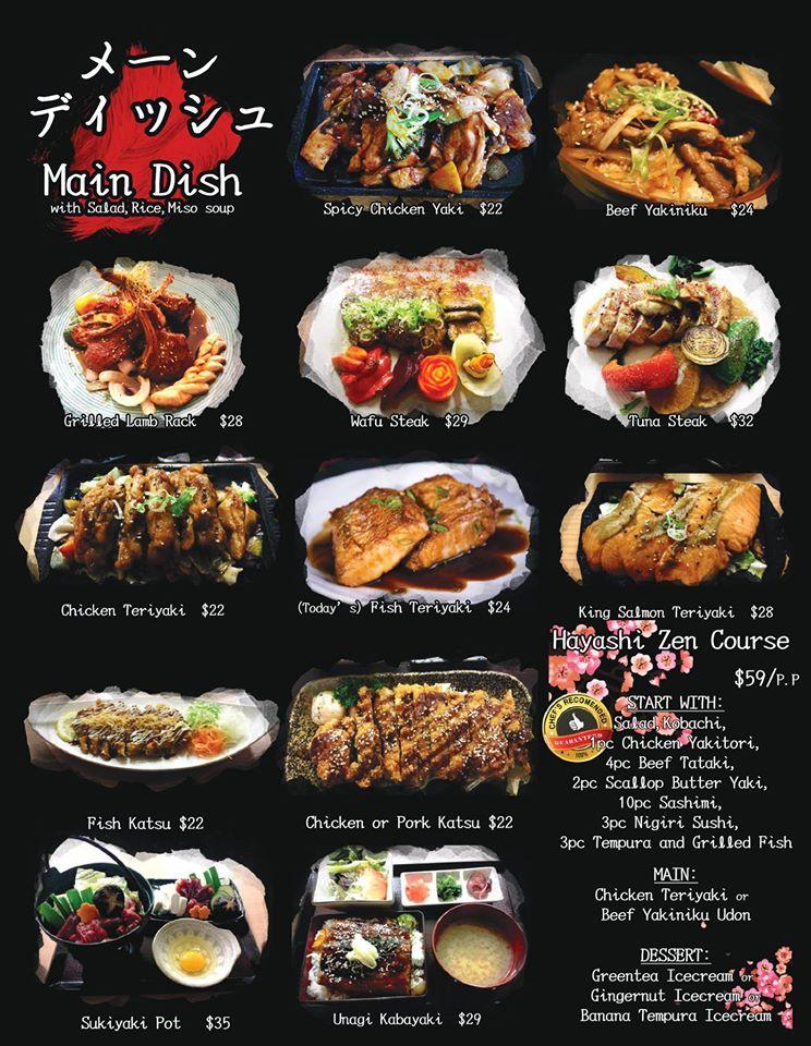 Menu at Hayashi Japanese Restaurant, Auckland