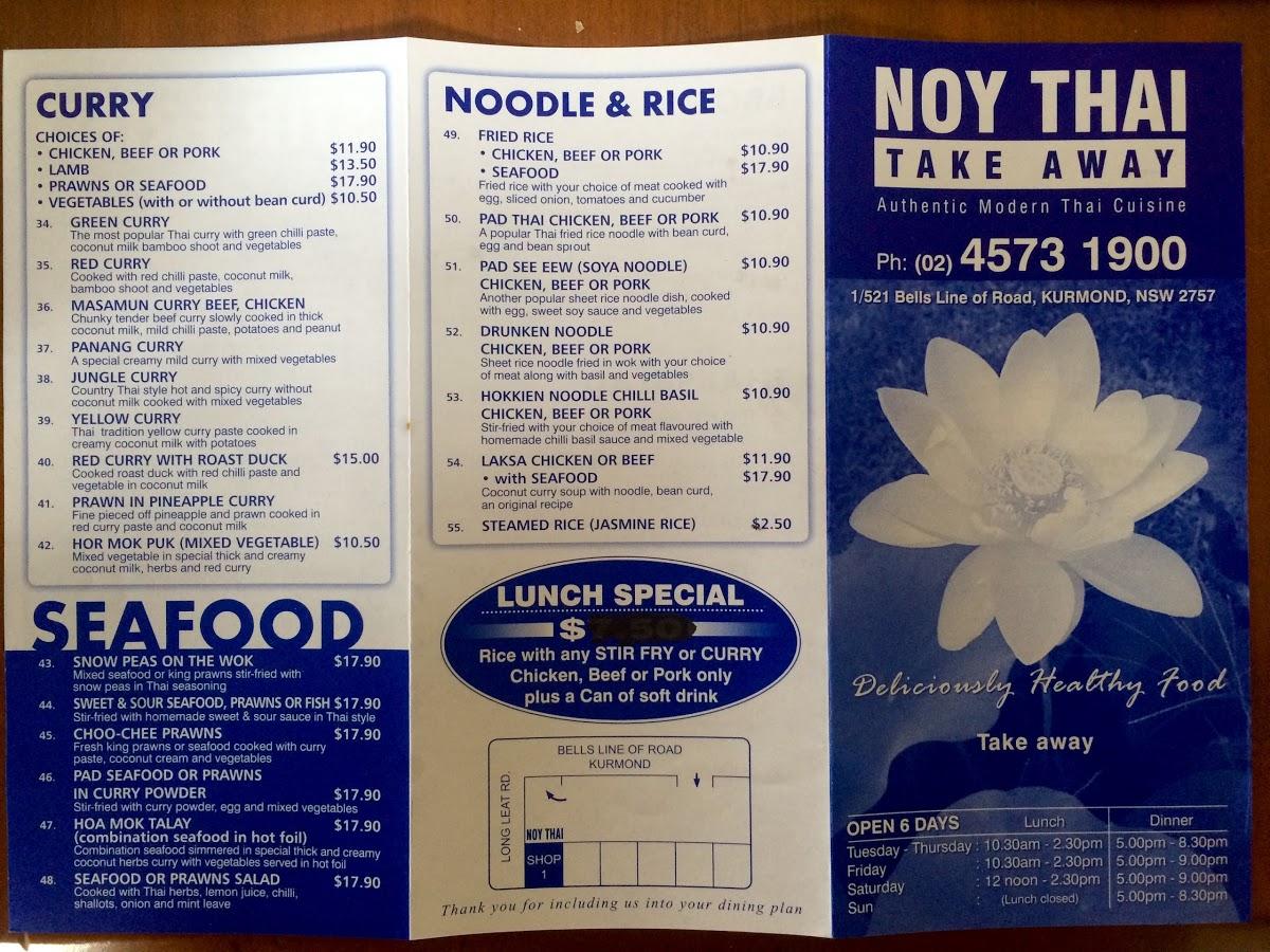 Menu at Noy Thai Take Away restaurant, Kurmond