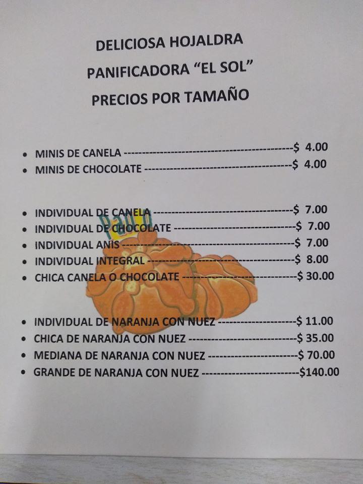 Menu at Panadería 'El Sol', Toluca