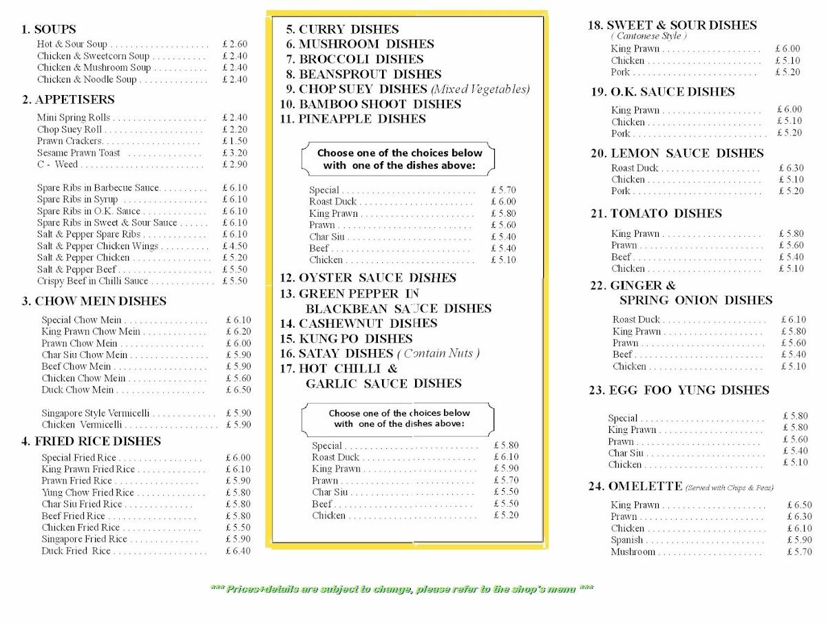 Menu at Sun Sun restaurant, Manchester, 408 Wilbraham Rd