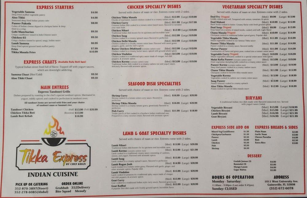 Menu at Tikka Express Gainesville restaurant, Gainesville