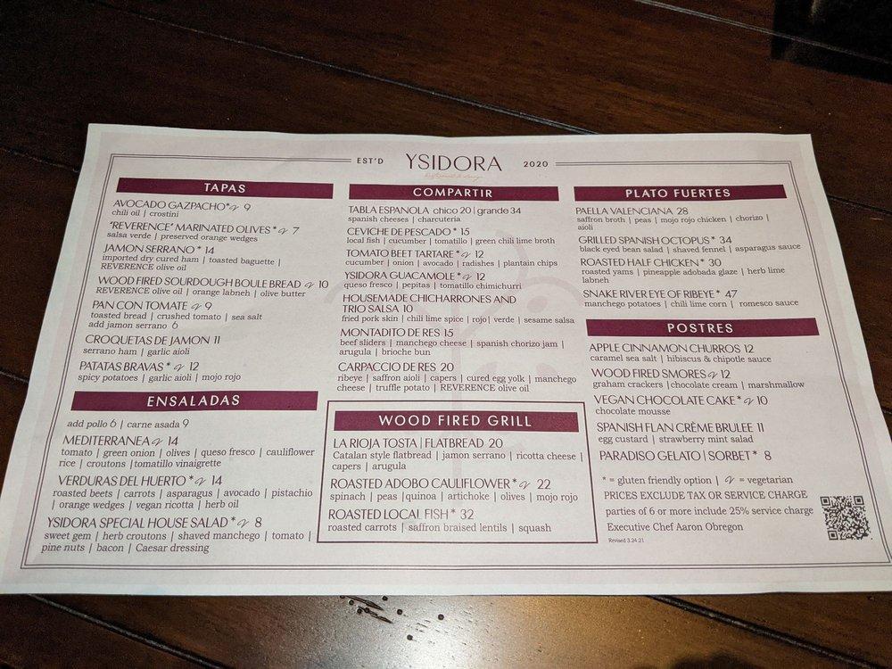 Carta de Ysidora Restaurant and Lounge, San Juan Capistrano