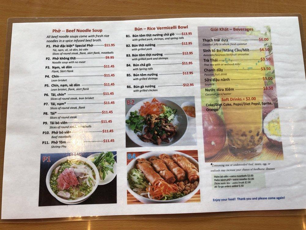 Menu at BG Phở restaurant, Battle Ground