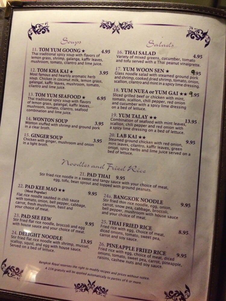 Menu at Bangkok Royal restaurant, Waco