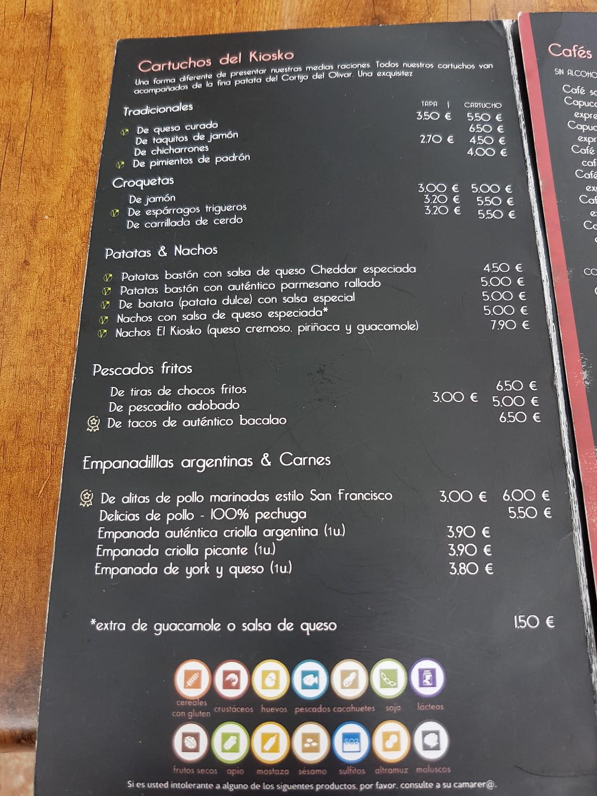 Carta del pub y bar El Kiosco, Jerez del la Frontera