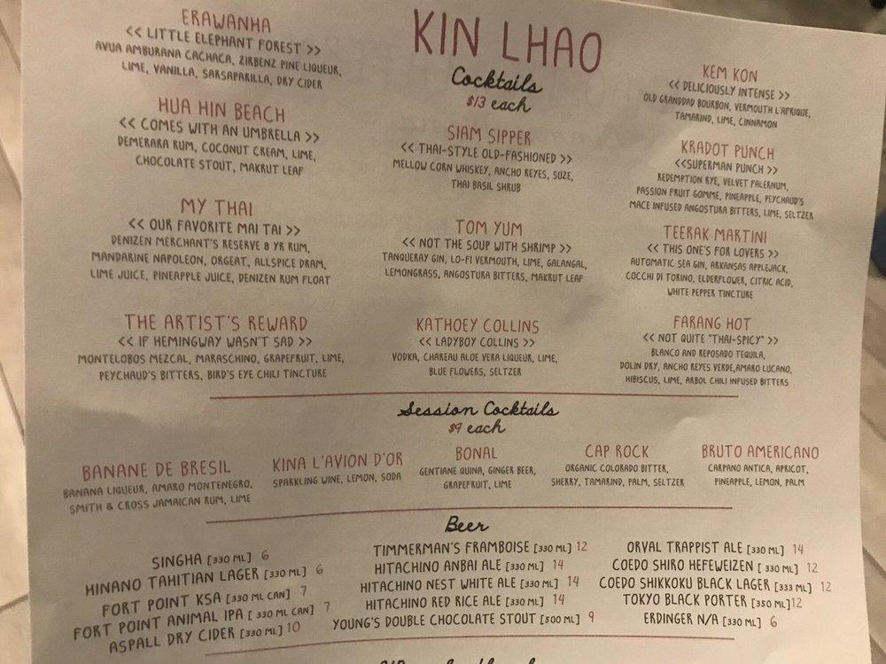 Menu at Kin Khao restaurant, San Francisco