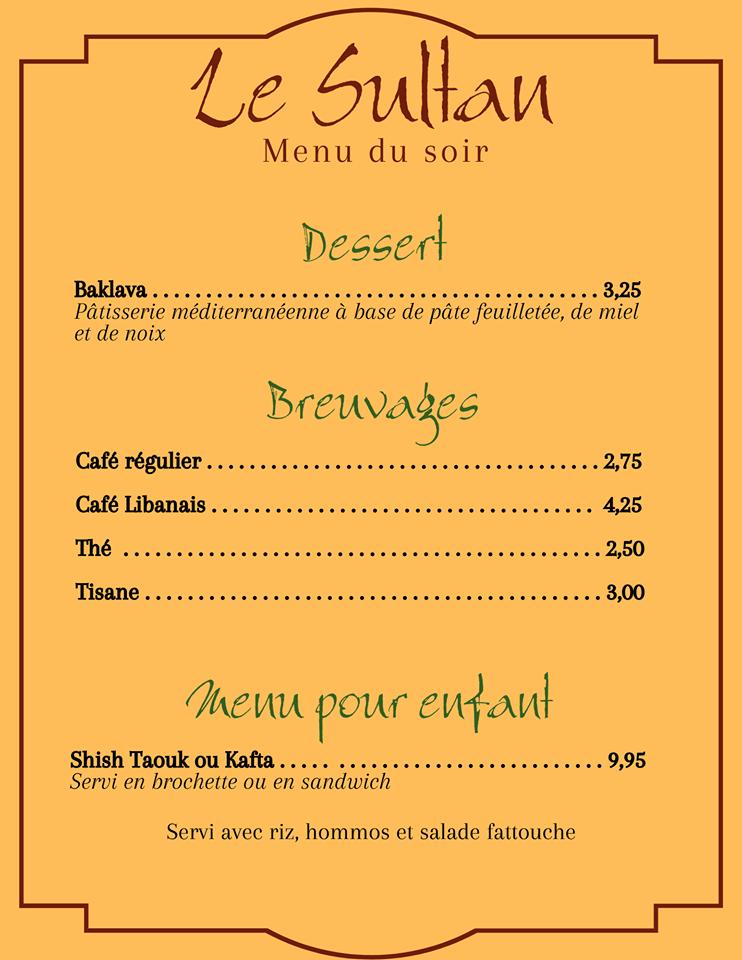 Menu au Le Sultan restaurant, Sherbrooke