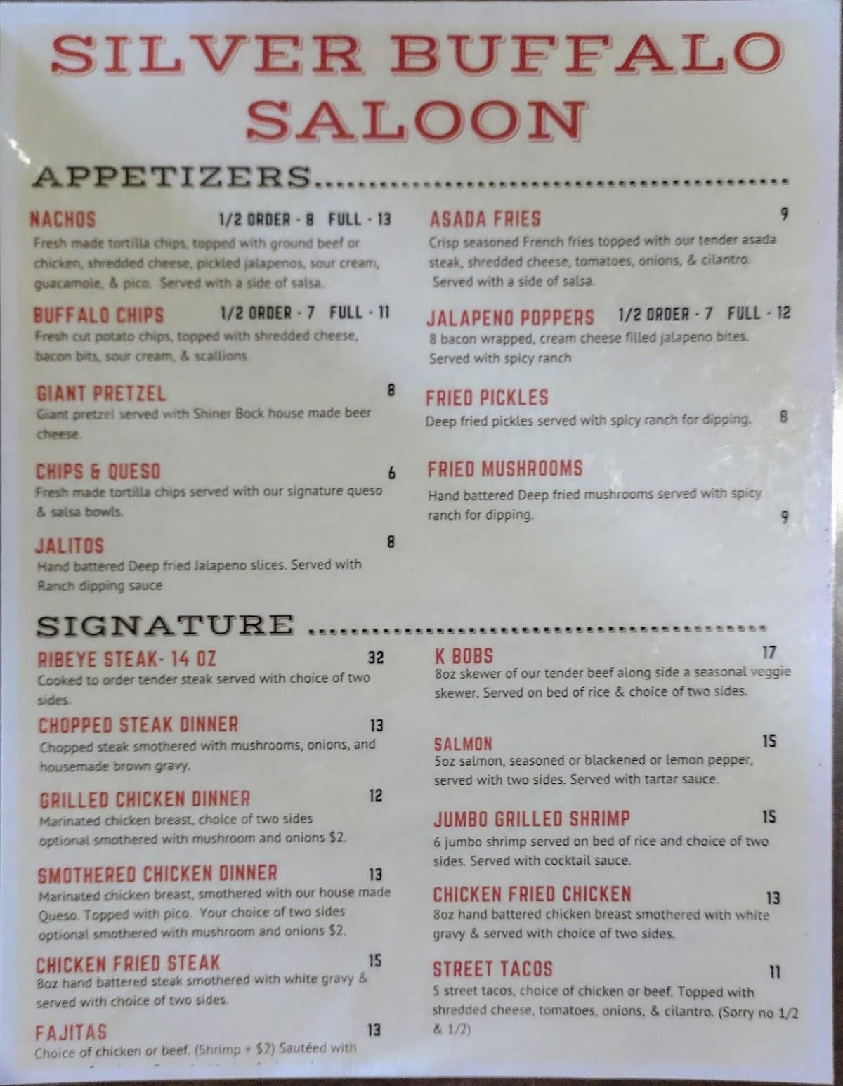 Menu at Silver Buffalo Saloon pub & bar, Buffalo Gap