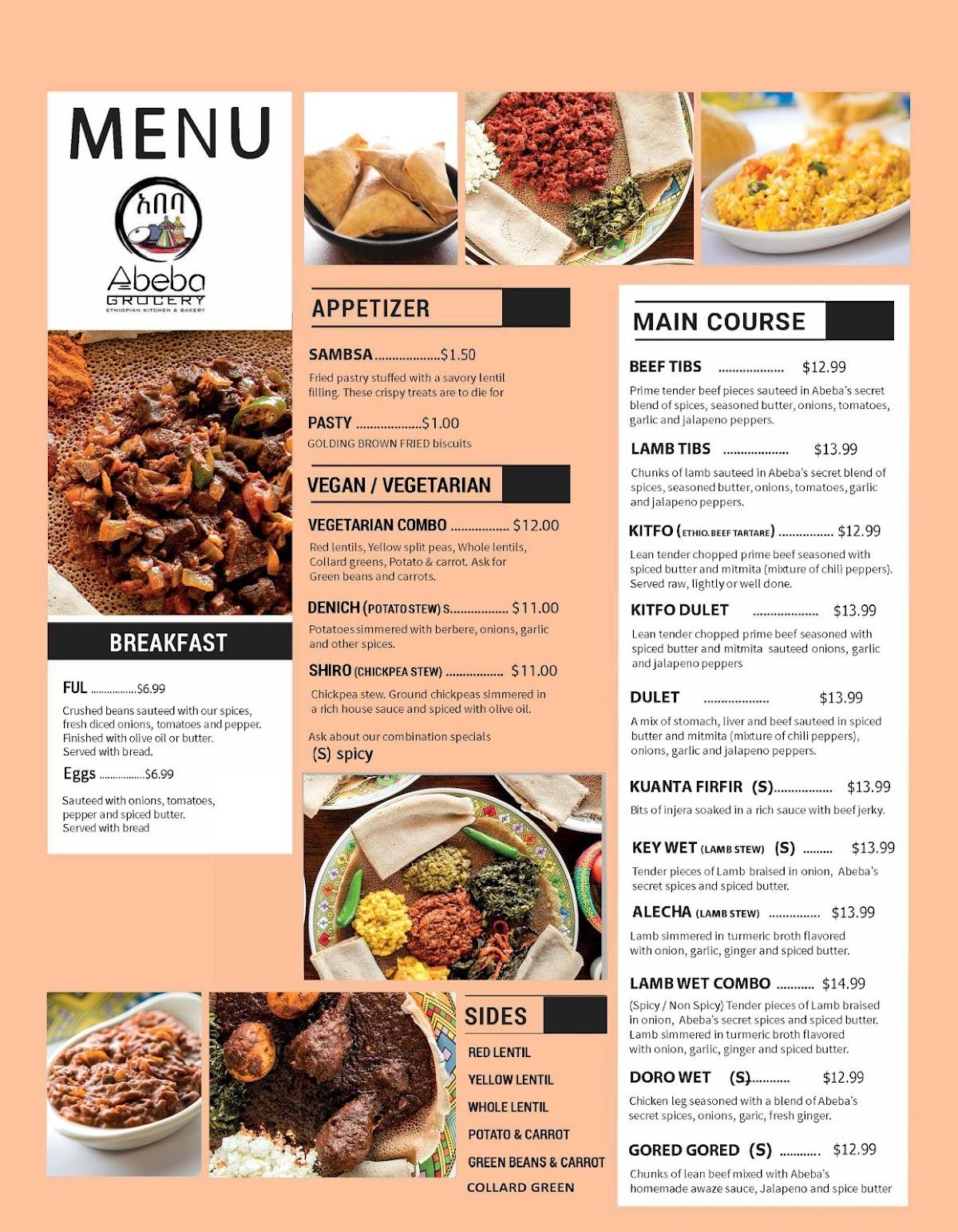 Menu at Abeba Foods To Go restaurant, Dallas