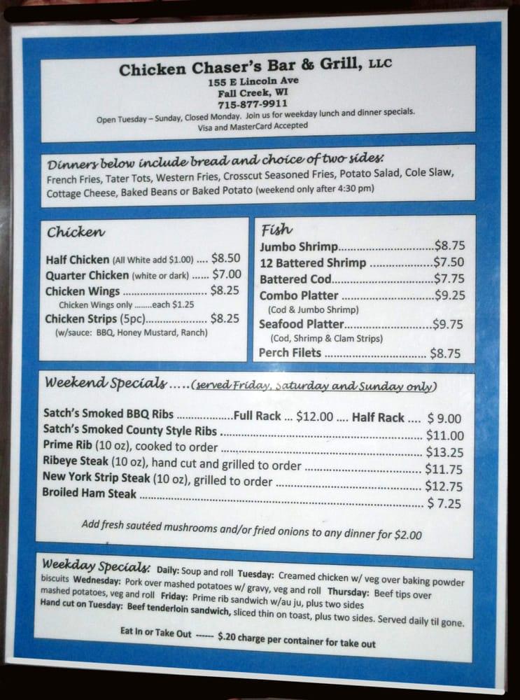 Menu at Chicken Chaser's Bar & Grill, LLC, Fall Creek
