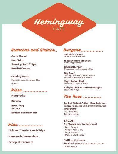 Menu at Hemingway cafe, Gwynneville