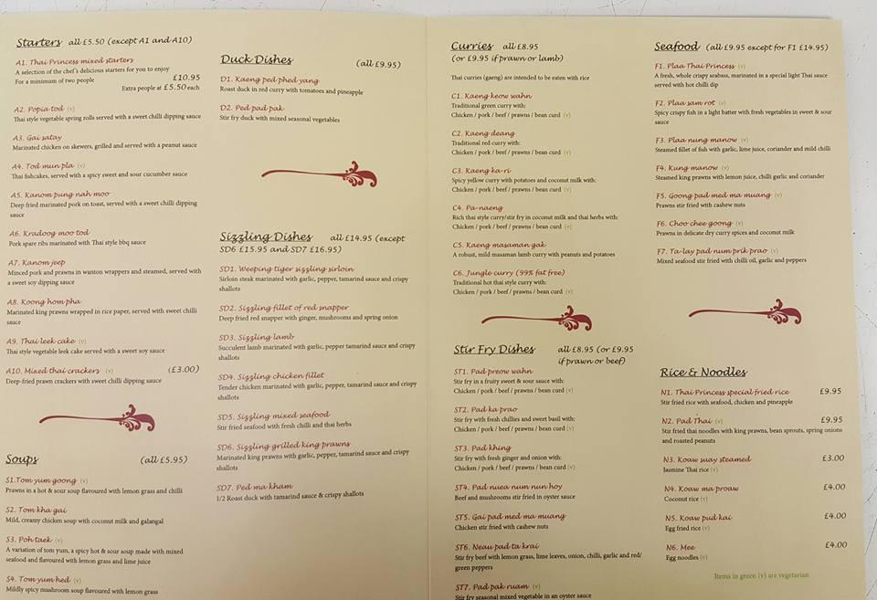 Menu at Thai Princess restaurant, Marlow