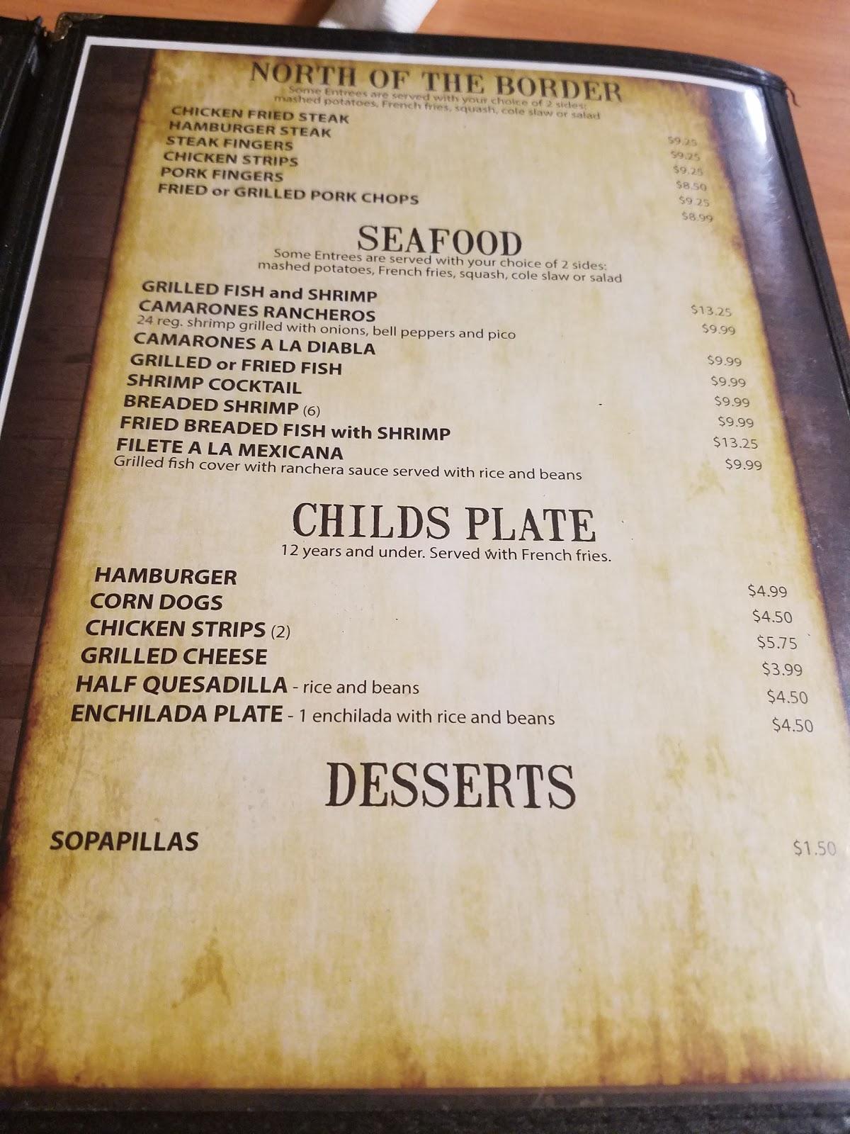 Menu at Ranchero's restaurant, Denver City