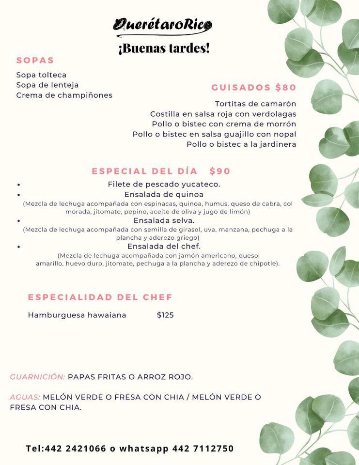 Carta de Restaurante Querétaro Rico, Santiago de Querétaro