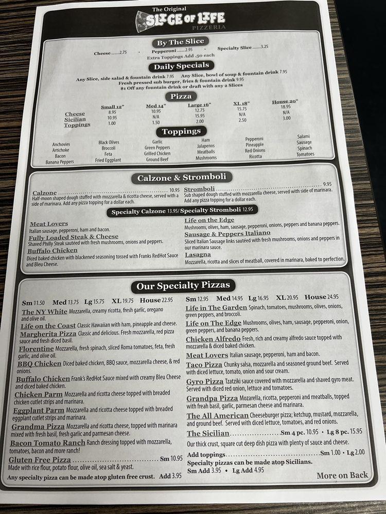 Menu at Slice of Life Pizzeria, New Port Richey, Little Rd