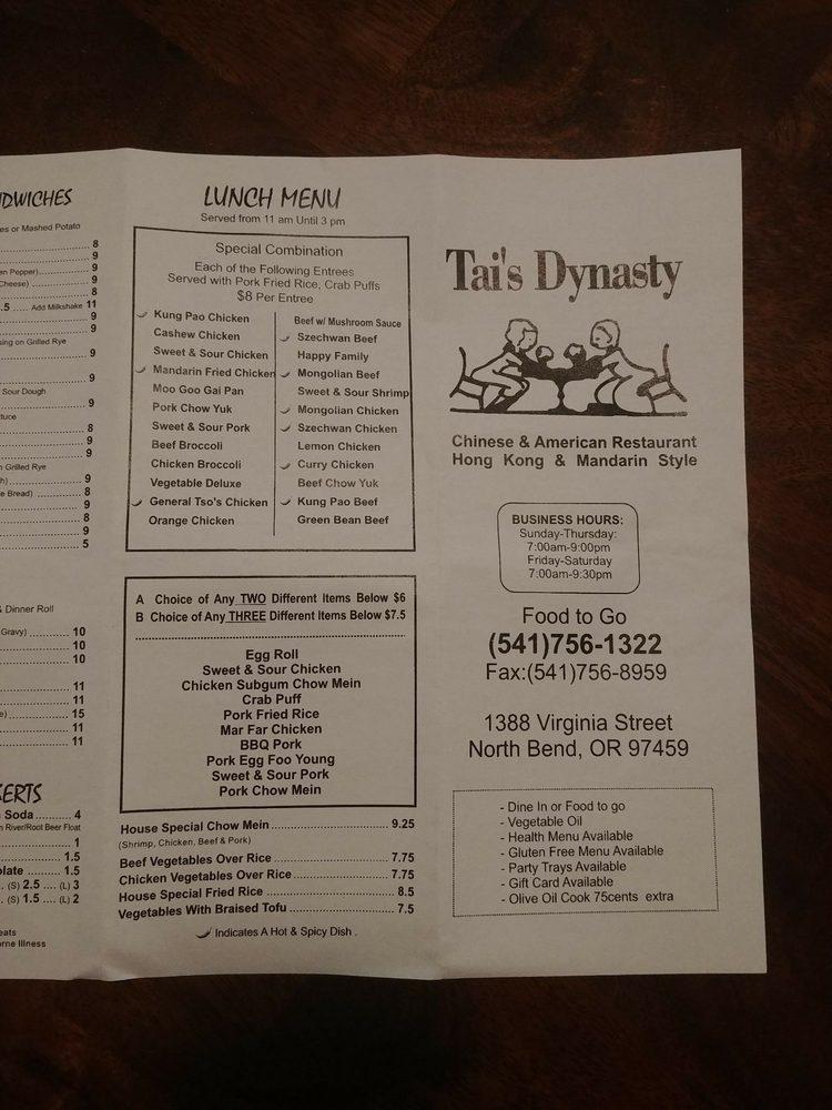 Menu at Tai's Dynasty Restaurant, North Bend