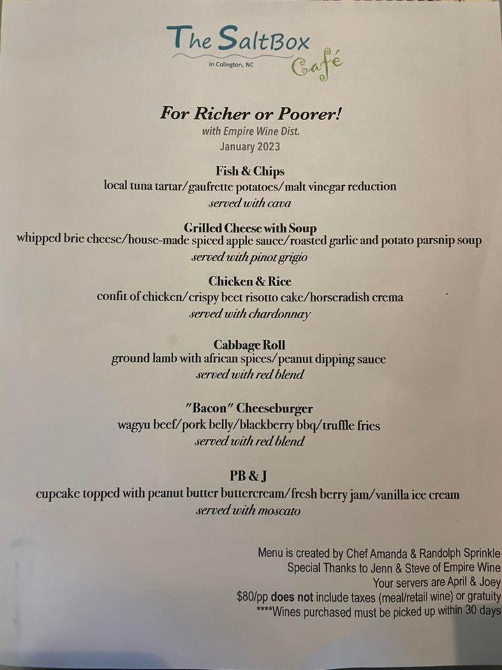 Menu at The SaltBox Cafe, Kill Devil Hills