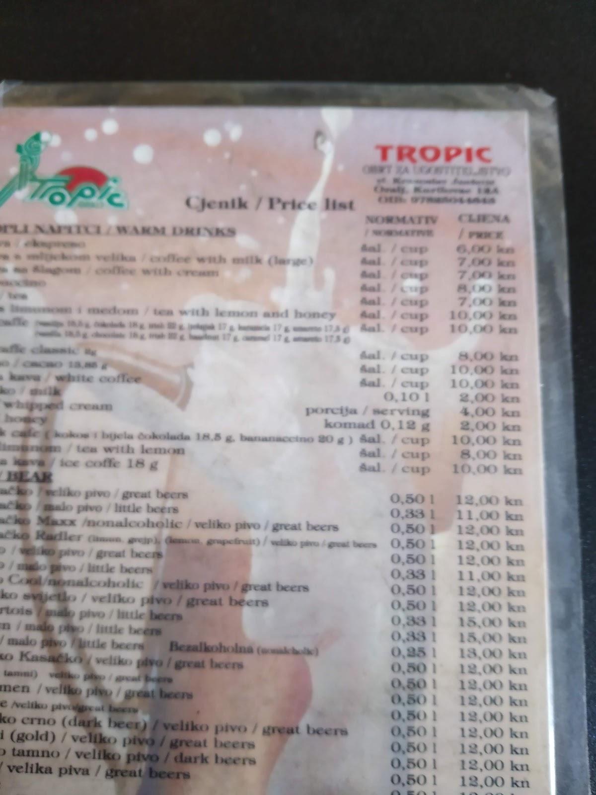 Menu at Caffe bar Tropic, Ozalj
