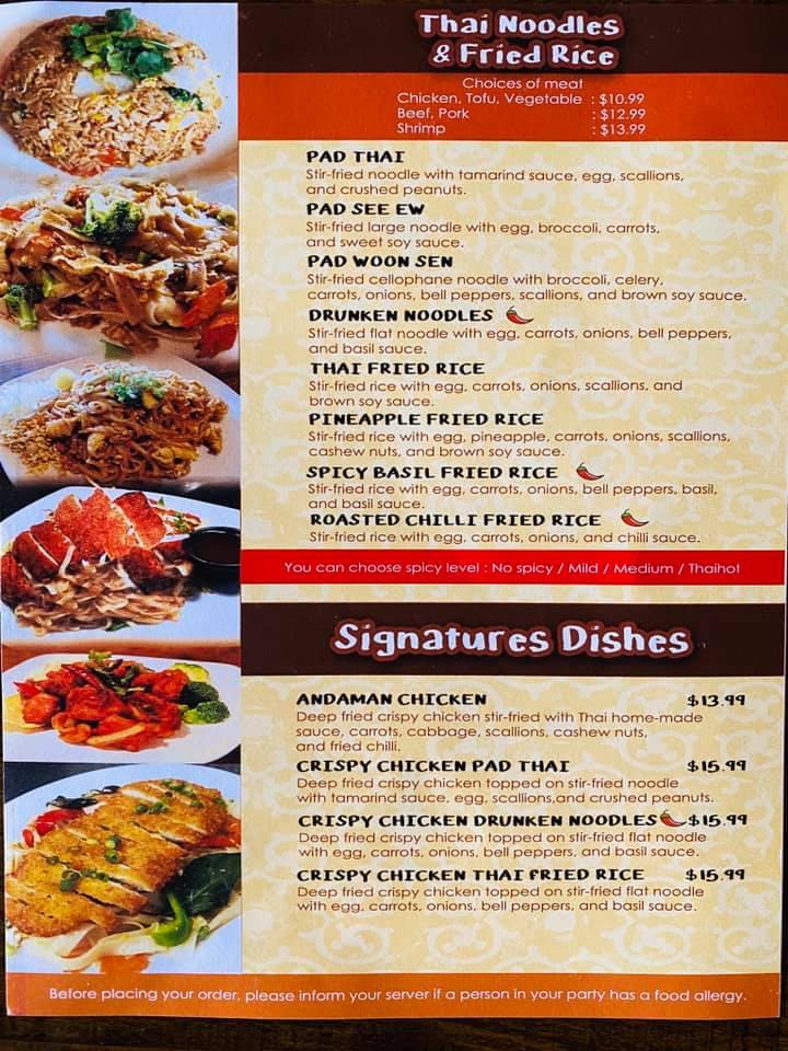 Menu at Andaman Thai restaurant, Starkville