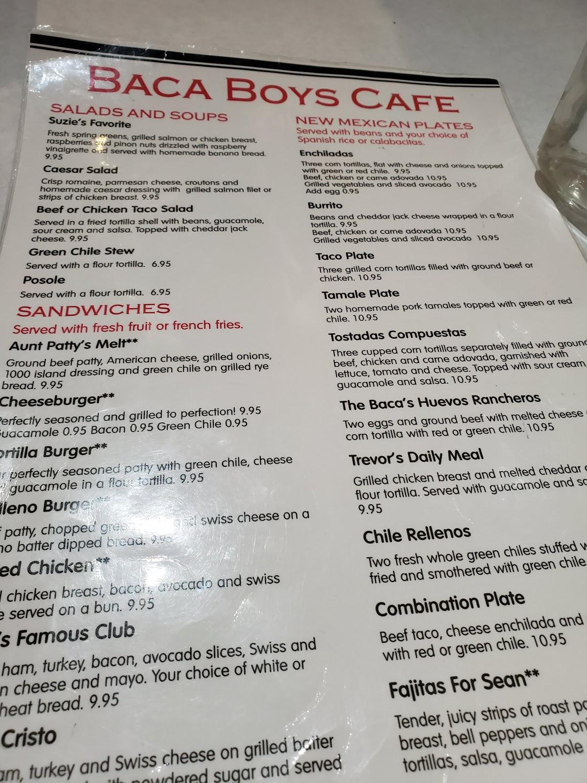 Menu at Baca Boys Cafe, Albuquerque