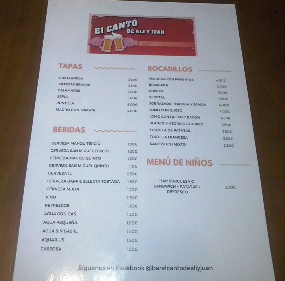 Menu at El Cantó pub & bar, Puçol