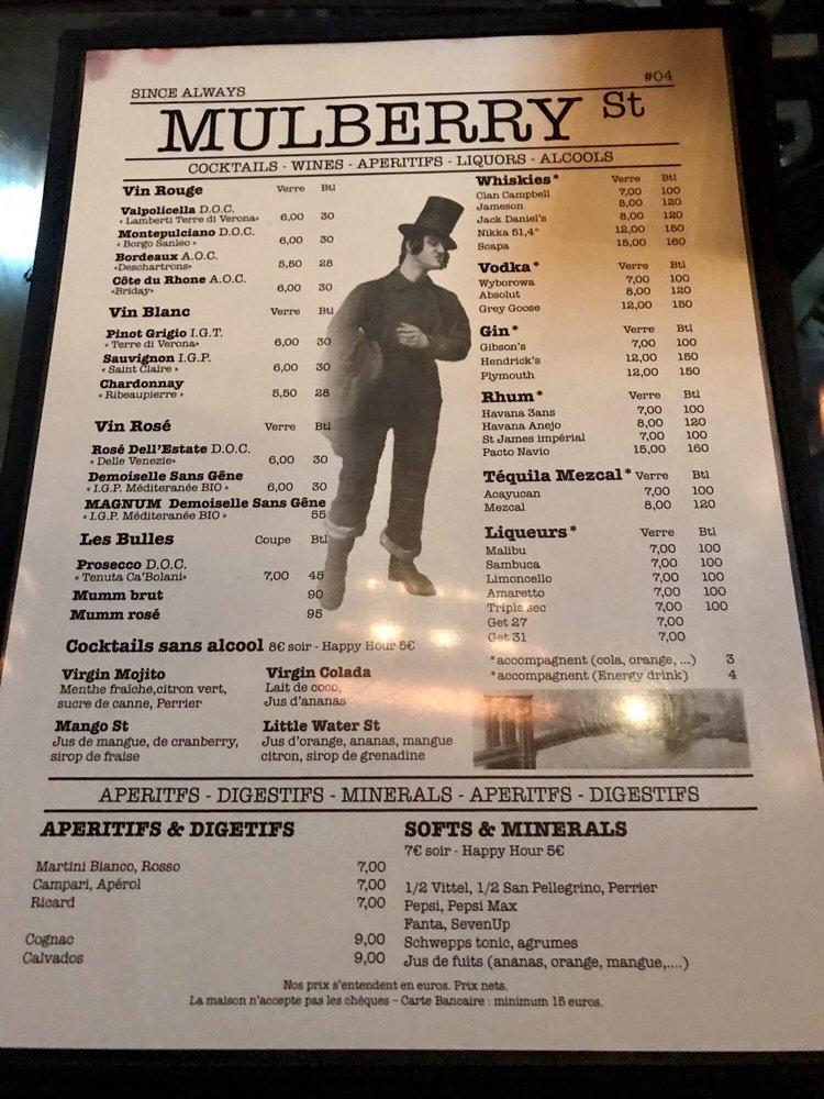 Menu at Mulberry Street pizzeria, Paris