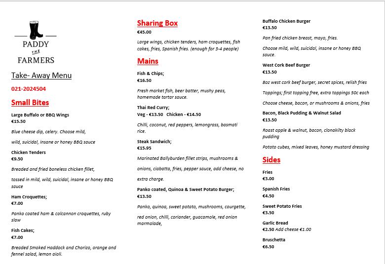 Menu at Paddy the Farmers pub & bar, Cork