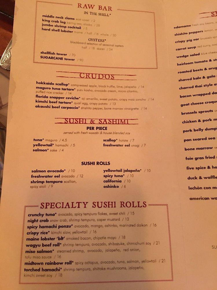 Menu at Sugarcane restaurant, Miami