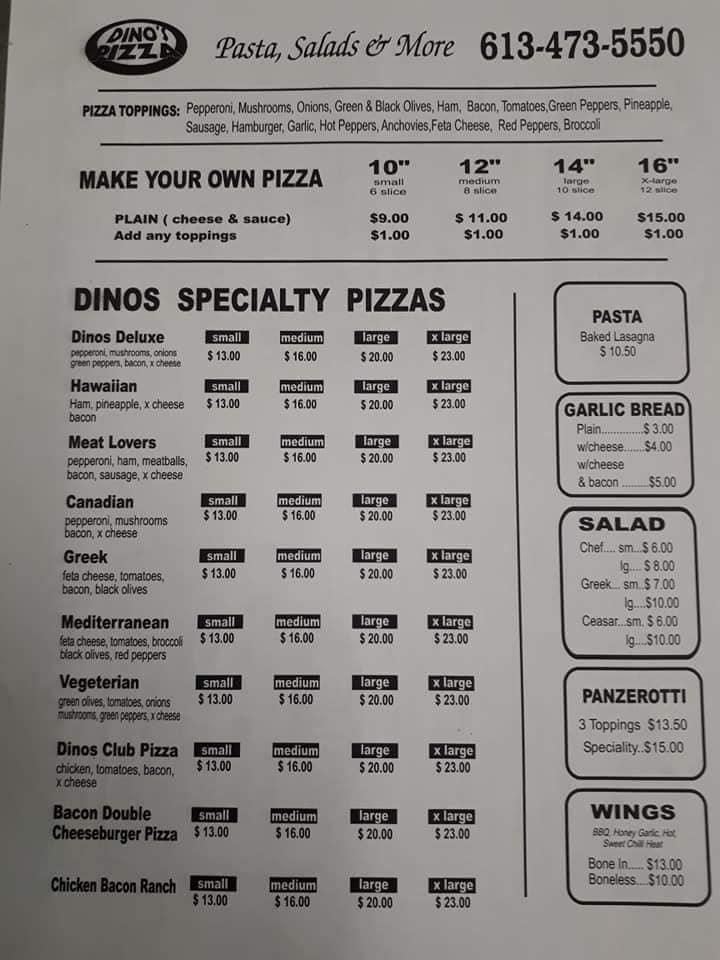 Menu at D's Pizza restaurant, Madoc, 17 Durham St S