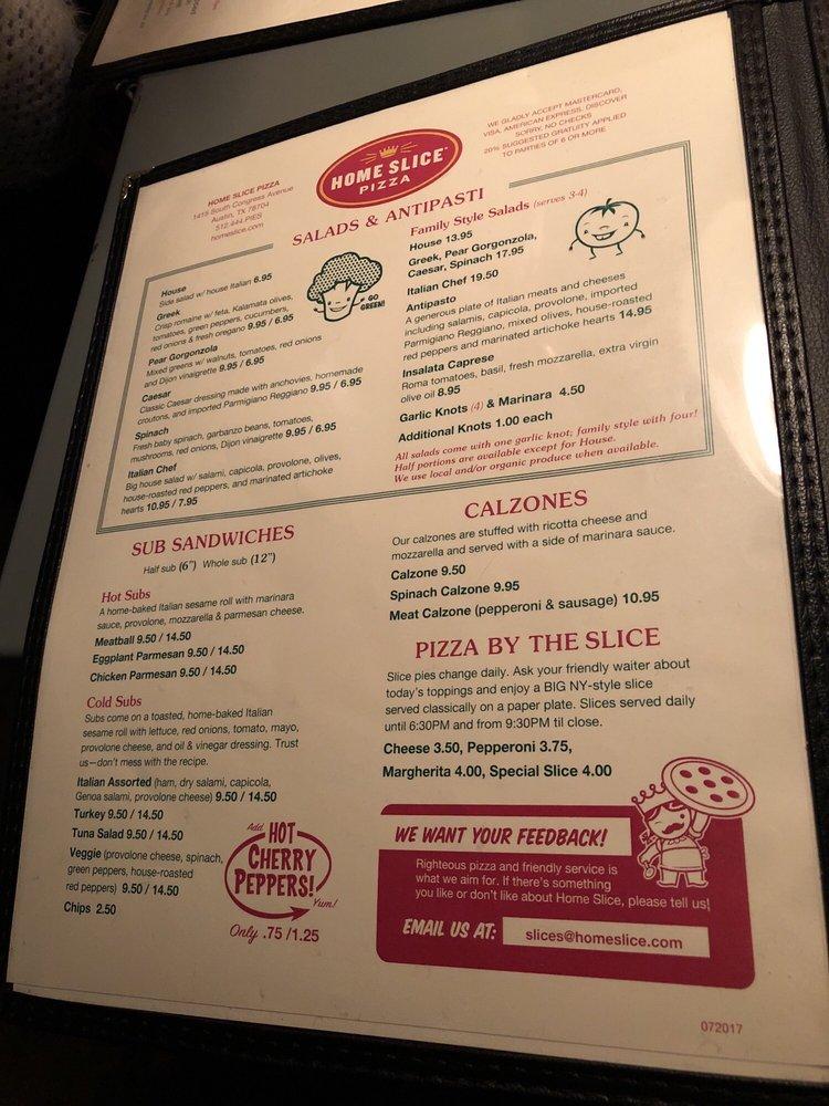 Menu at Home Slice Pizza pizzeria, Austin, S Congress Ave