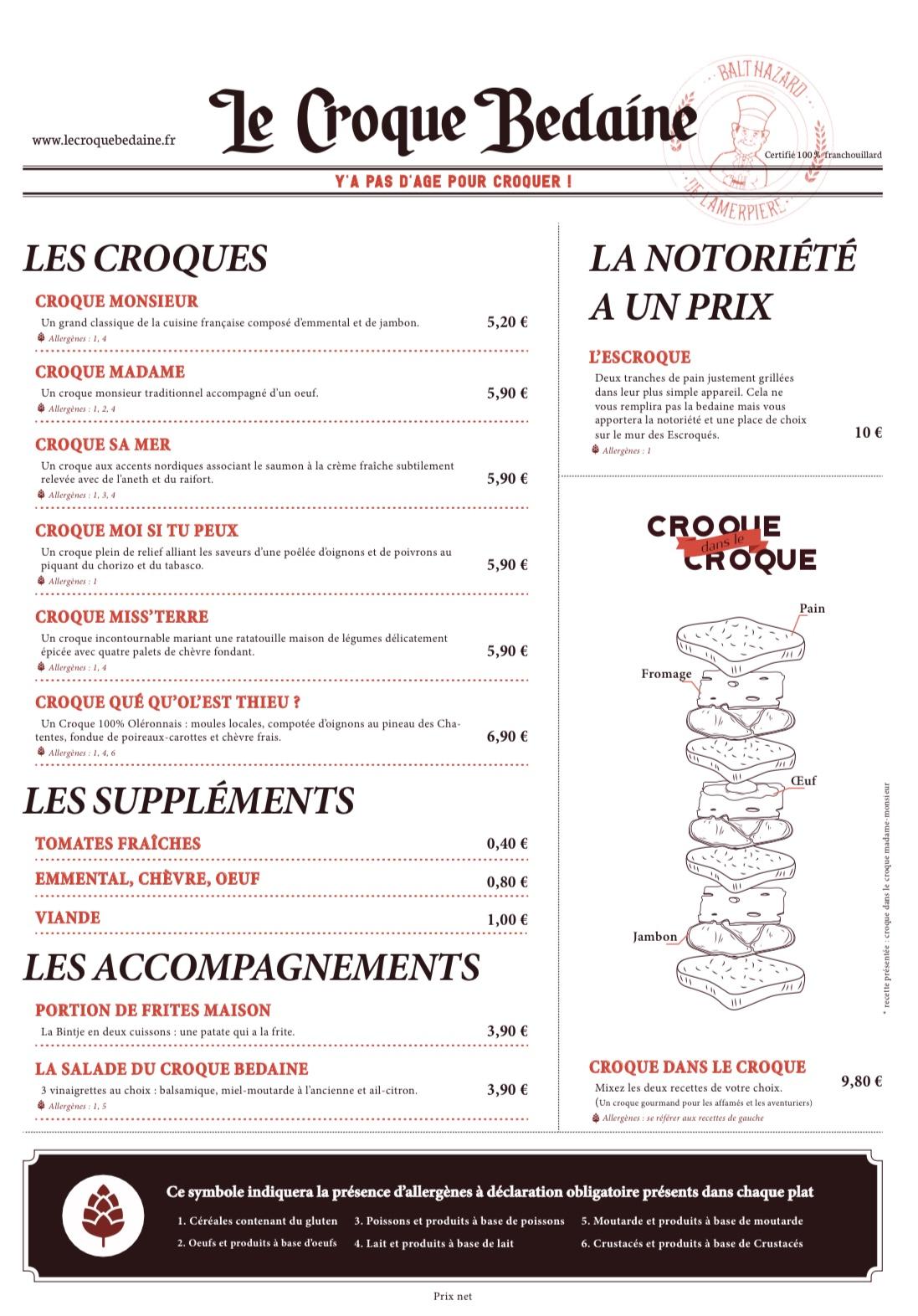 Menu au Le Croque Bedaine Oléron pub et bar, Dolus-d'Oléron