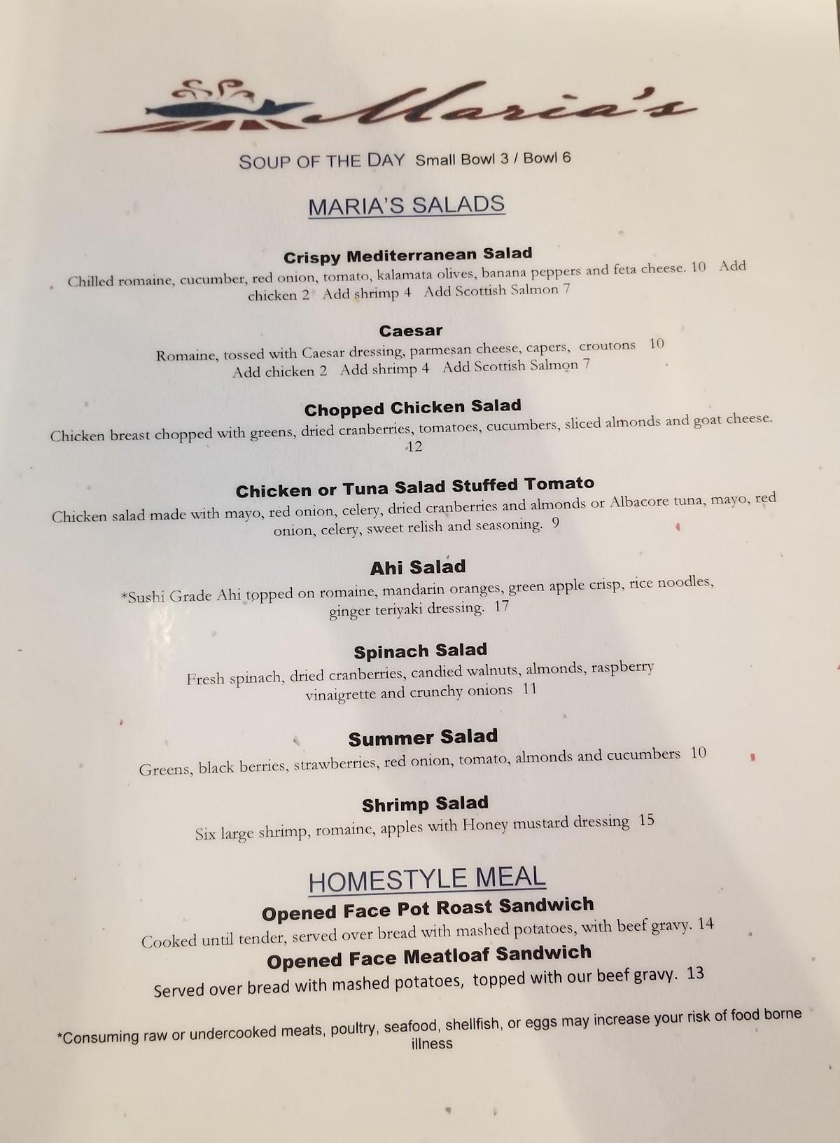Menu at Maria's The Gathering Place restaurant, Green Valley