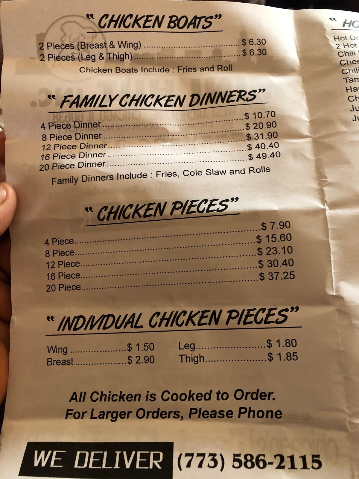 Menu at Mini Hut fast food, Chicago, W Archer Ave