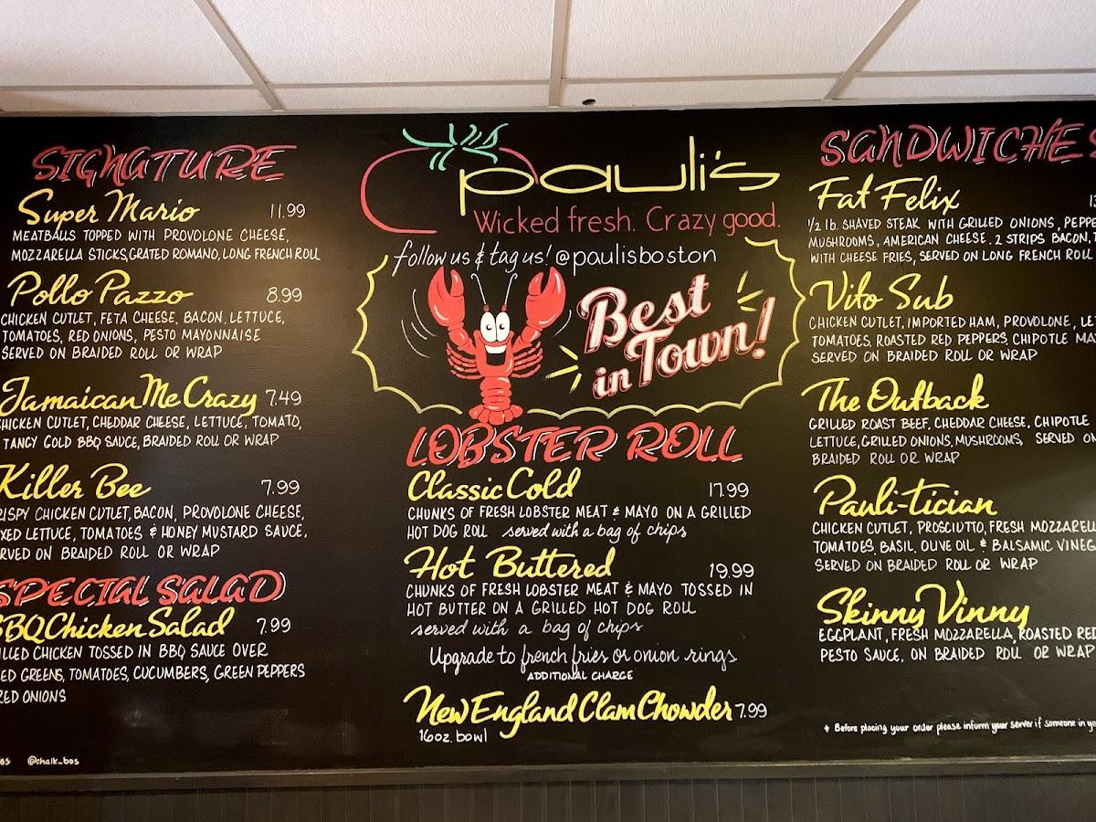 Menu at Pauli's restaurant, Boston