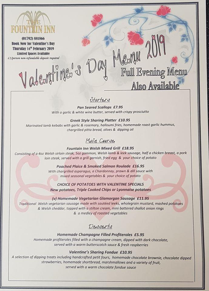Menu at The Fountain Inn restaurant, Llanelli