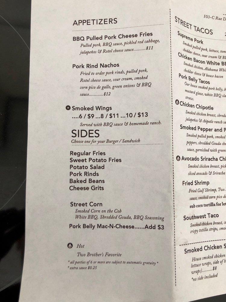 Menu at Two Brothers Smoked Meats BBQ, Starkville