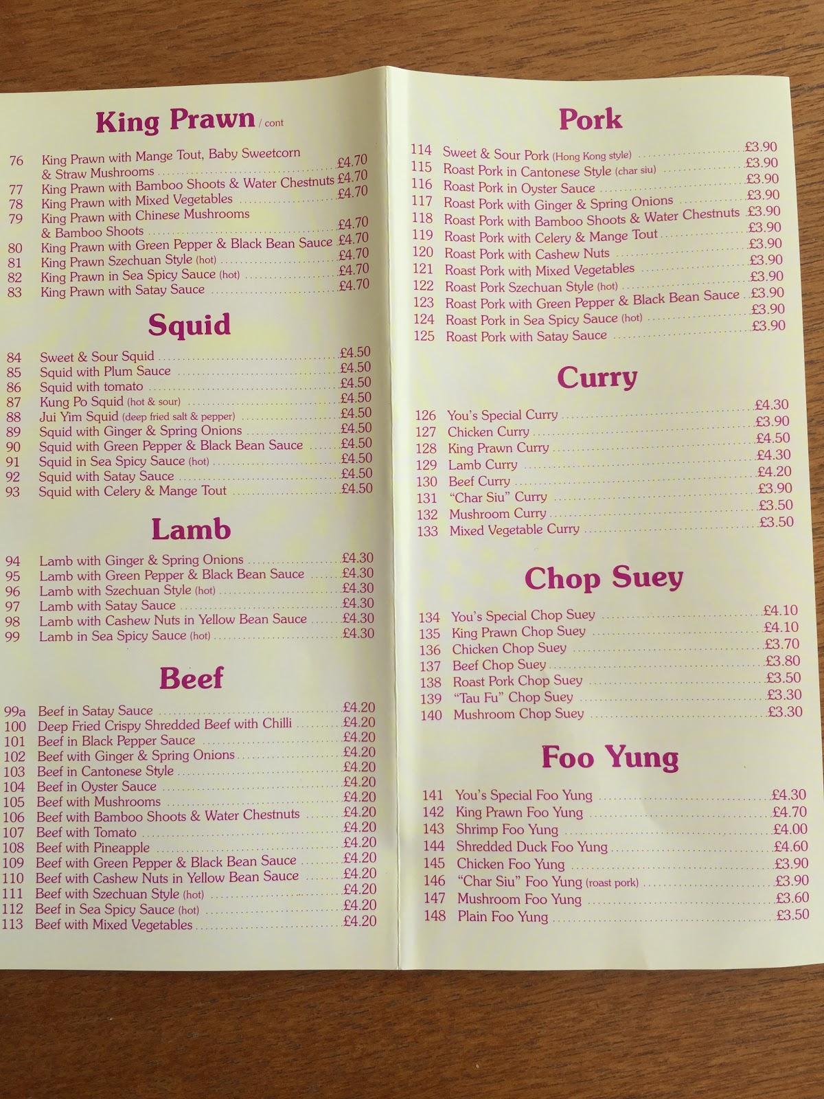 Menu at You's Restaurant, Saint Leonards