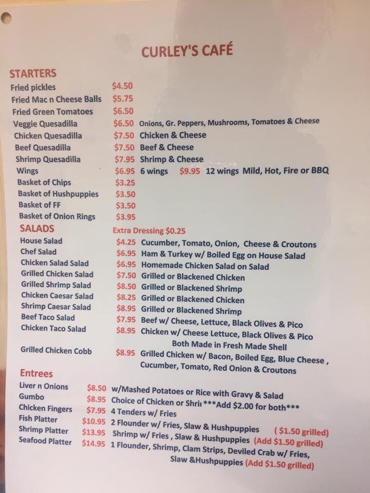Menu at Curley's Cafe, Little River