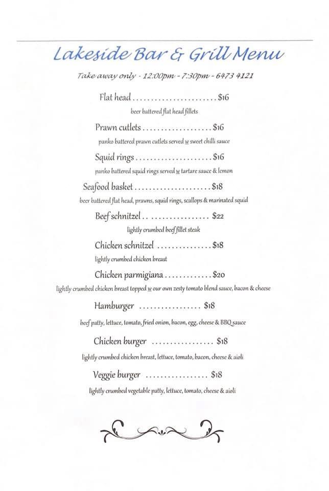 Menu at Tullah Lakeside Lodge cafe, Tullah