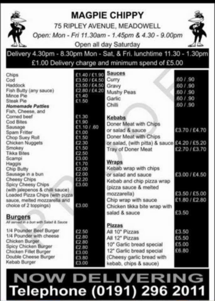 Menu at Magpie Chippy fast food, North Shields