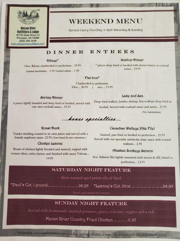 Carta del restaurante Mecan River Outfitters & Lodge, Estados Unidos