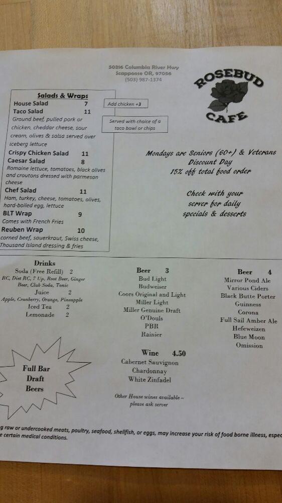 Menu at Rosebud Cafe, Scappoose