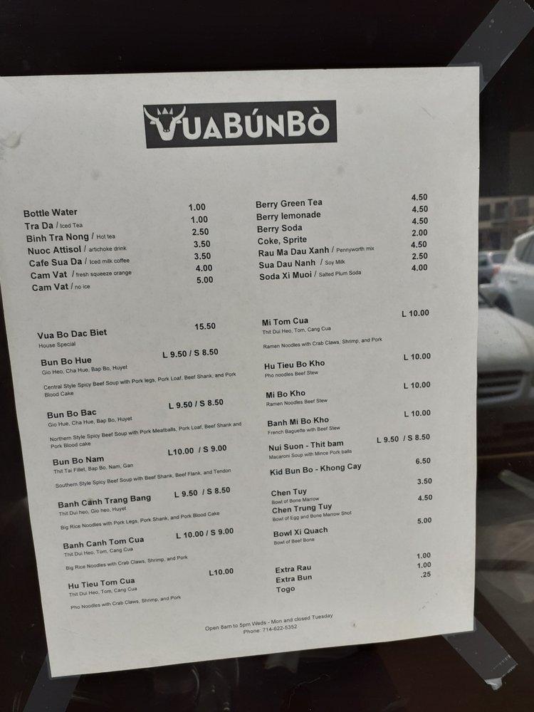 Menu at Vua Bún Bò Cali restaurant, Westminster