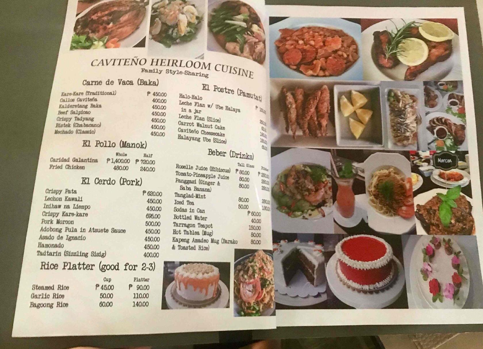 Menu at Asiong's of Cavite restaurant, Silang, Buenavista Ave