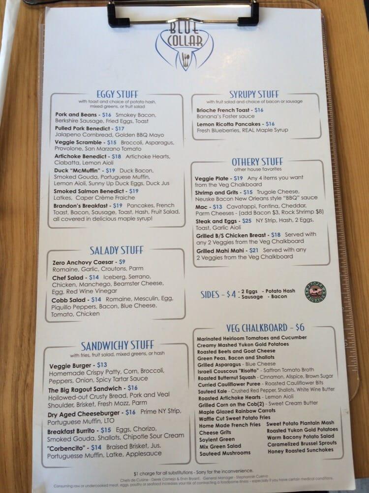 Menu at Blue Collar restaurant, Miami