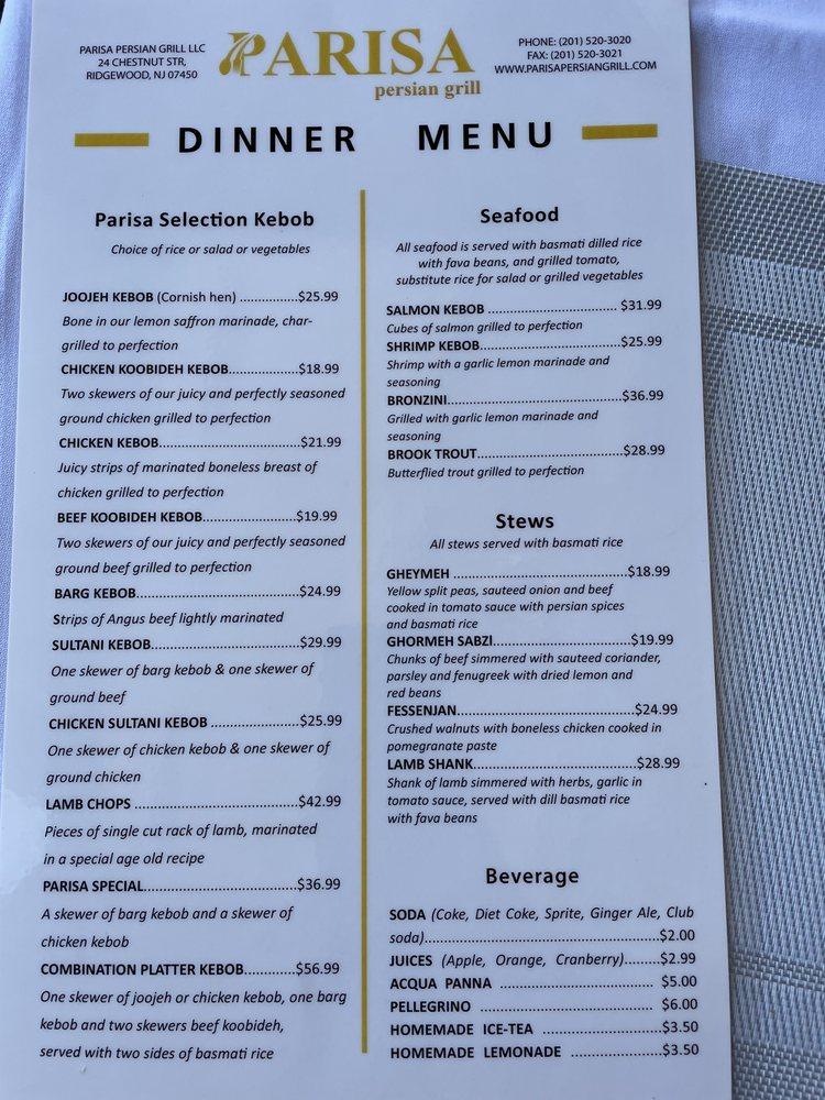 Menu at Parisa Persian Grill restaurant, Ridgewood
